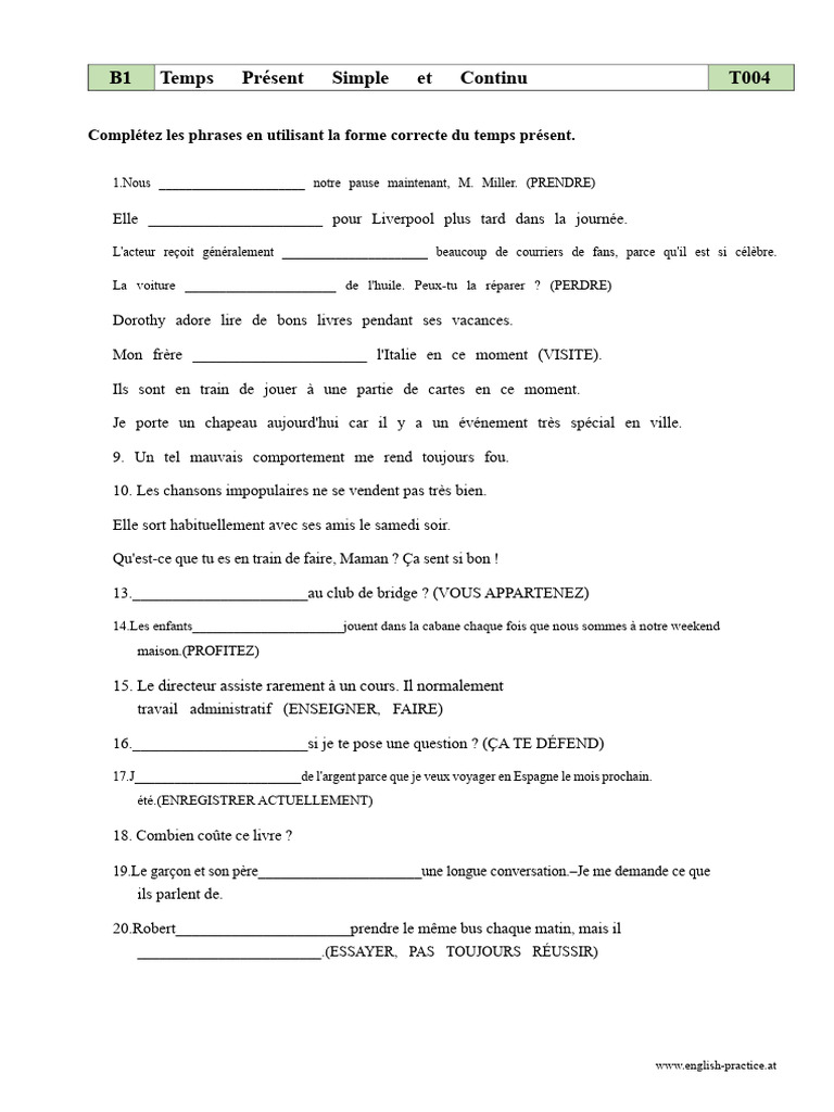Exercices sur le Présent Simple et Continu | PDF
