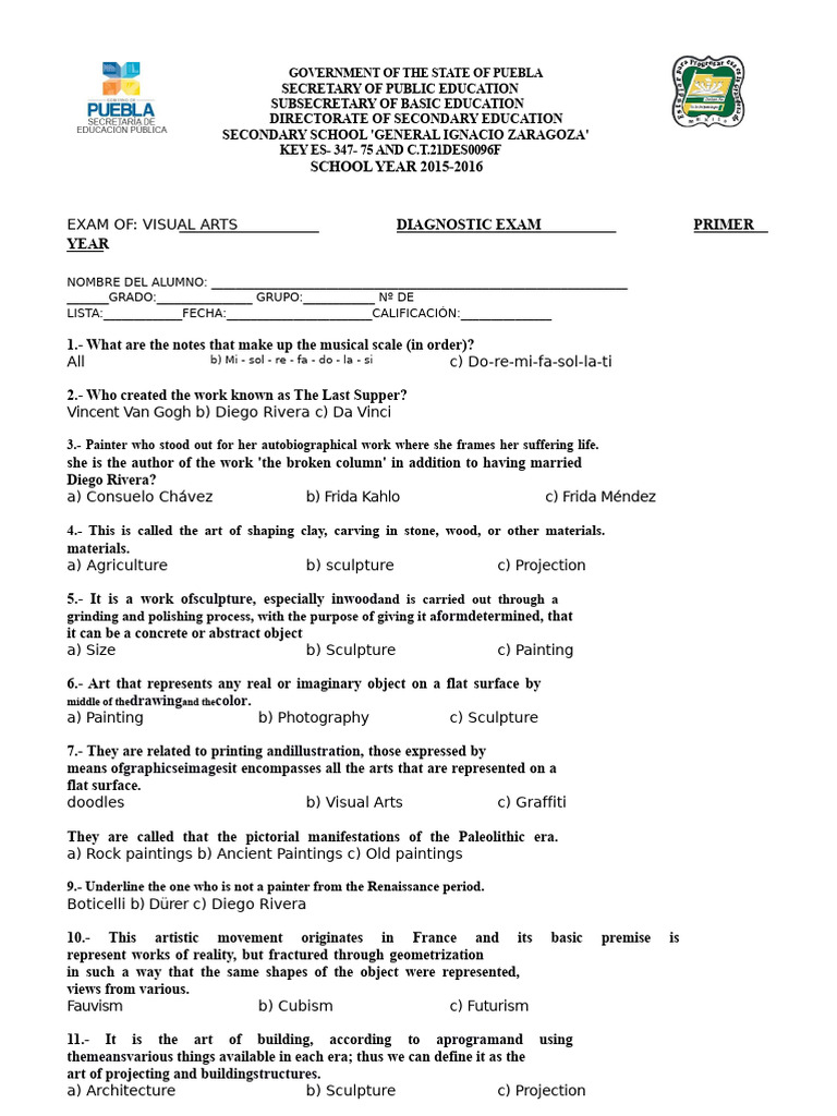 Diagnostic Exam Arts | PDF | Paintings | Sculpture