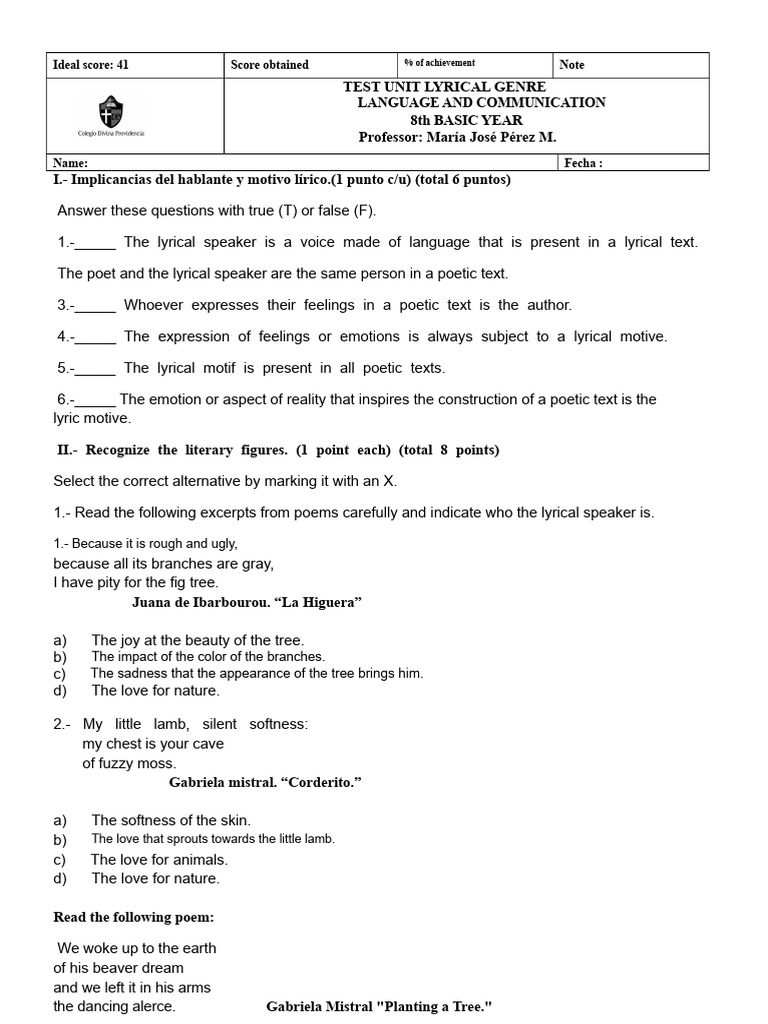 Unit Test 8 Basic Lyrical Genre | PDF | Poetry | Emotions