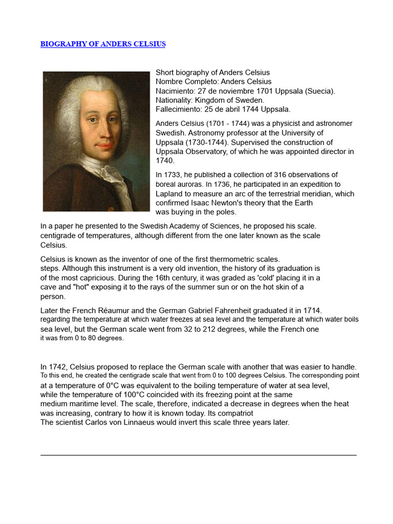 Biography of Anders Celsius | PDF | Celsius | Fahrenheit