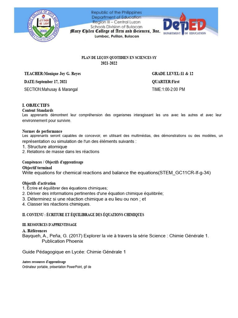 Plan de Leçon en Chimie Générale 1 | PDF | Chimie | Apprentissage