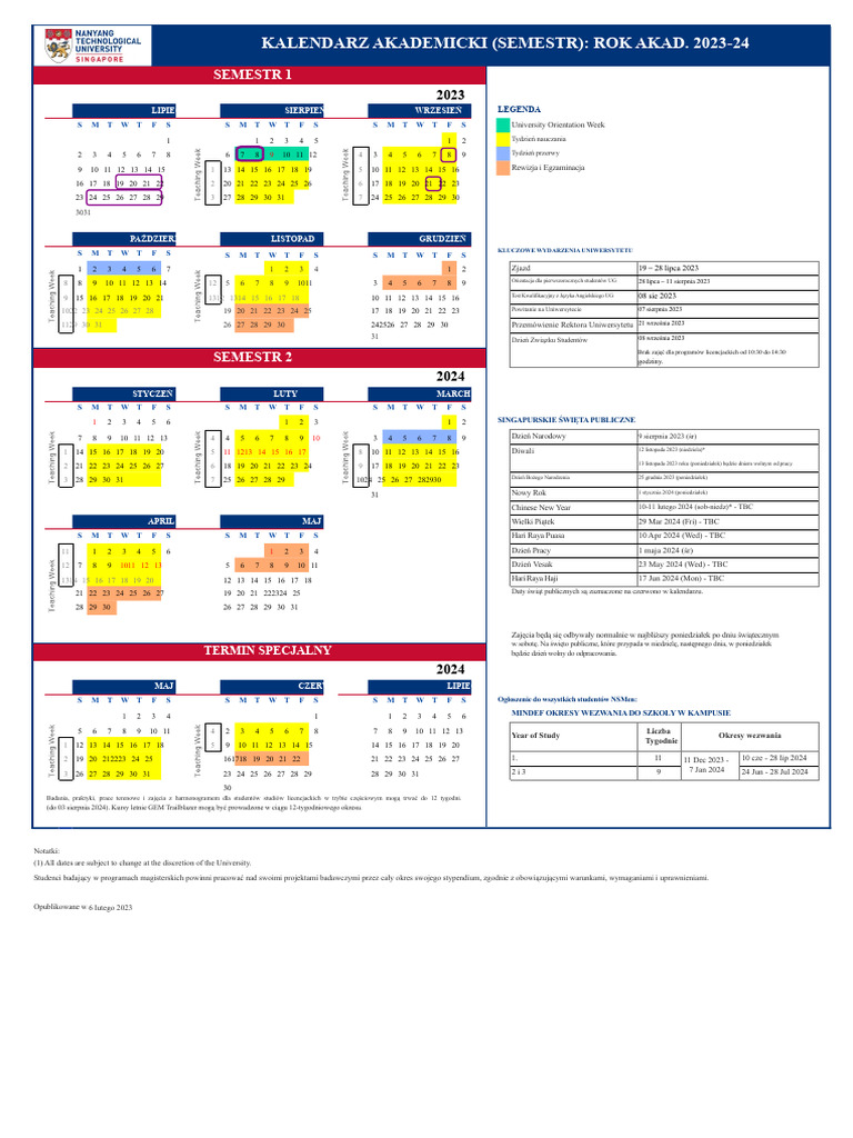 Kalendarz Akademicki NTU AY2023 24 (Semestr) | PDF