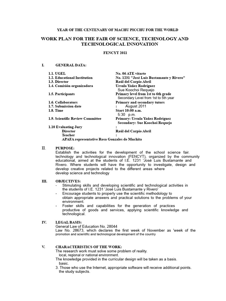 Machu Picchu Science Fair 2011 Plan | PDF | Knowledge