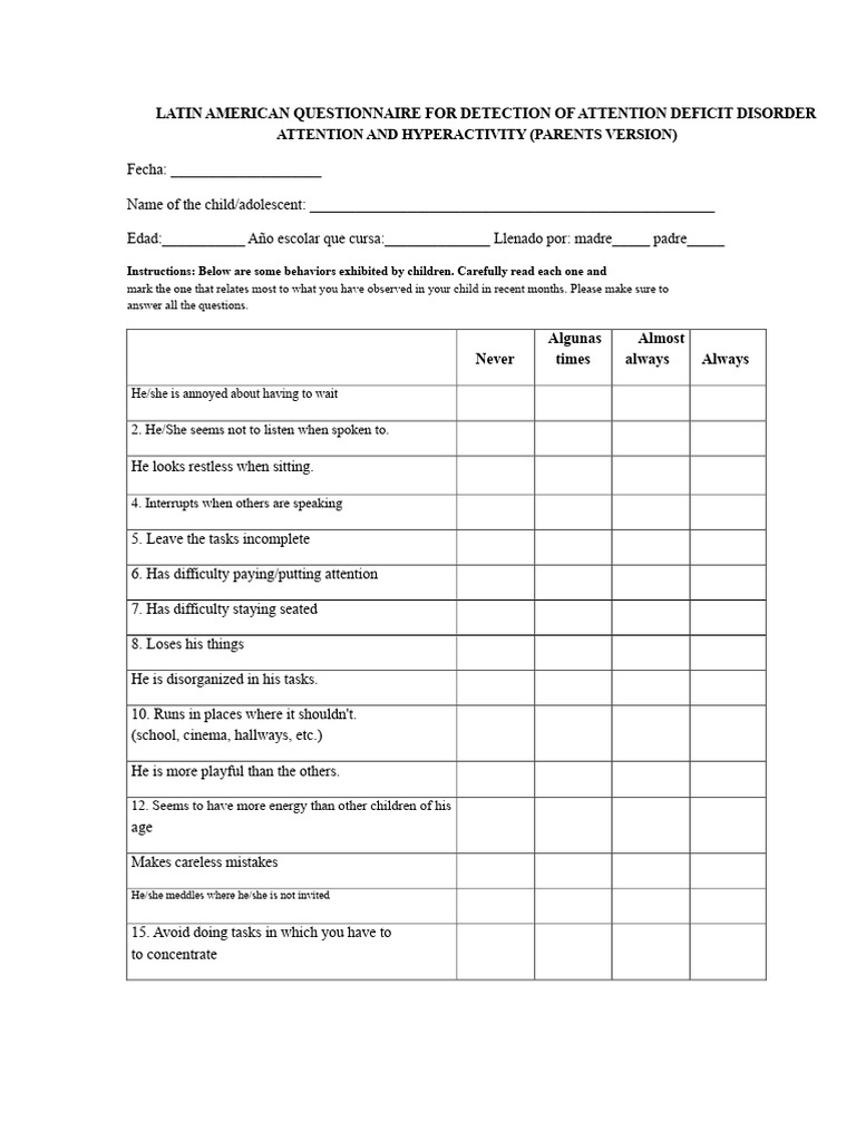 Latin American ADHD Parent Questionnaire | PDF