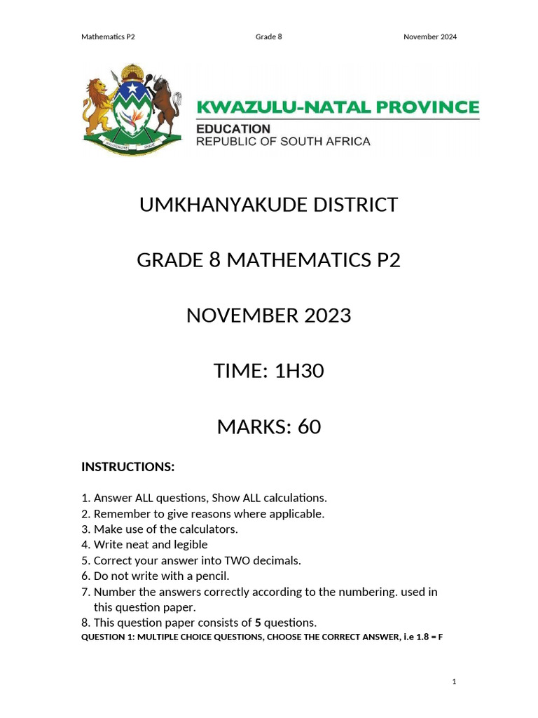 GRADE 8 Maths Paper 2 QUESTION Paper Term 4 | PDF | Mathematics