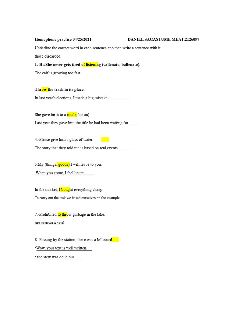 Practice of Homophones EXERCISE 5 | PDF