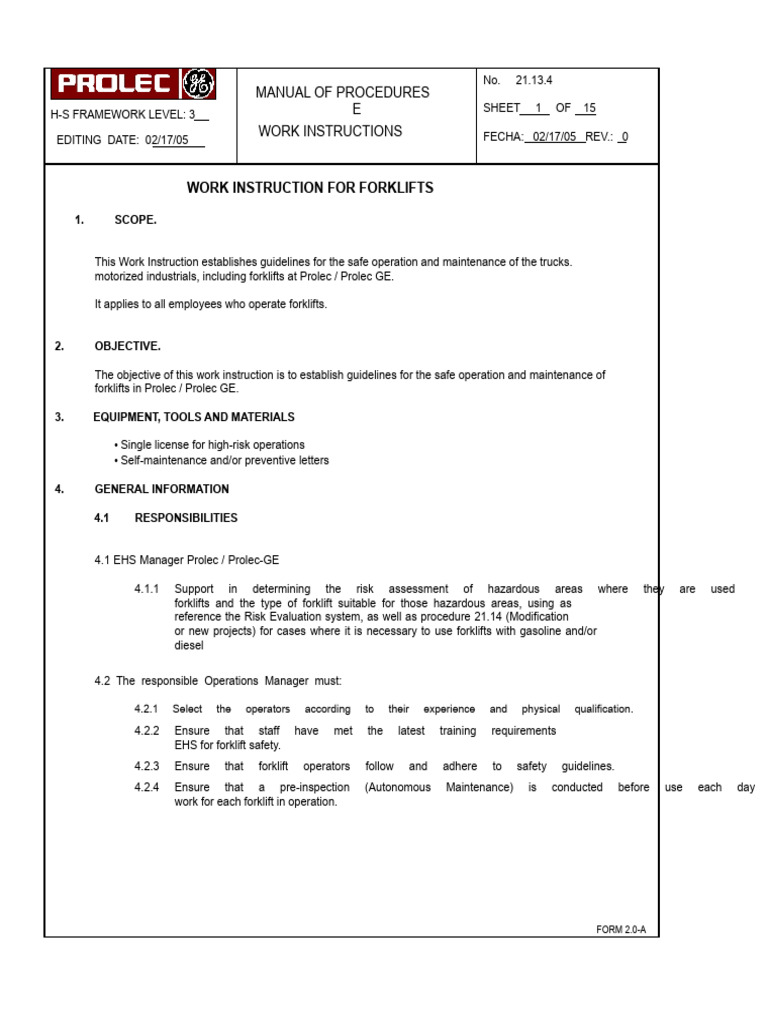 Work Instruction For Forklifts | PDF | Forklift | Occupational Safety ...