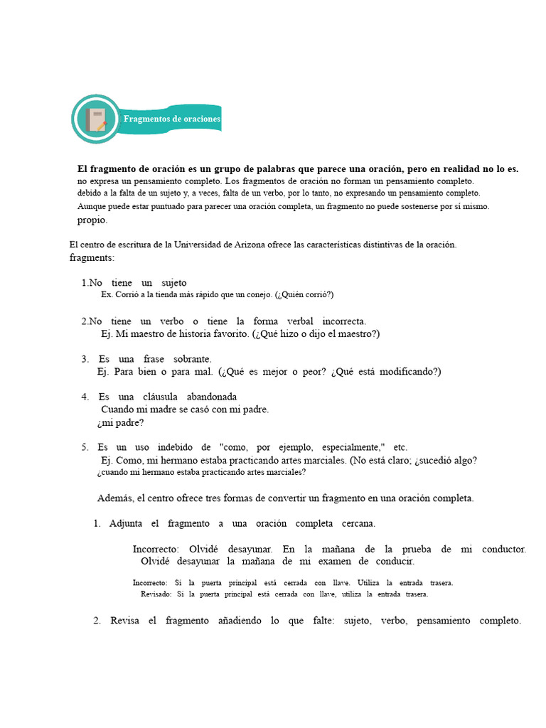Capítulo 6 (3) Fragmentos de Oraciones y Oraciones Continuas | PDF ...