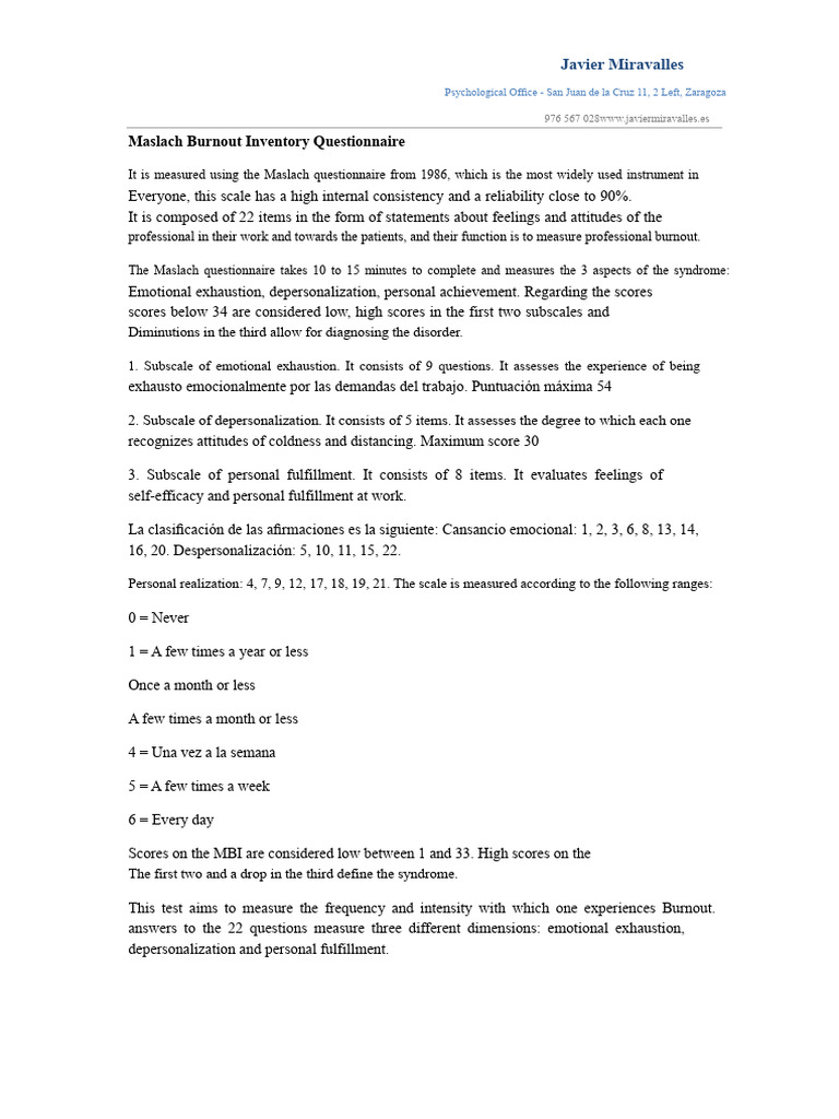 Maslach Burnout Inventory (MBI) Questionnaire | PDF | Occupational ...