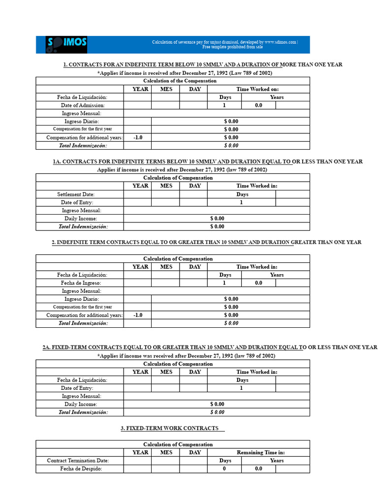 Calculation Of Severance Pay For Dismissal In Excel Pdf Demographic