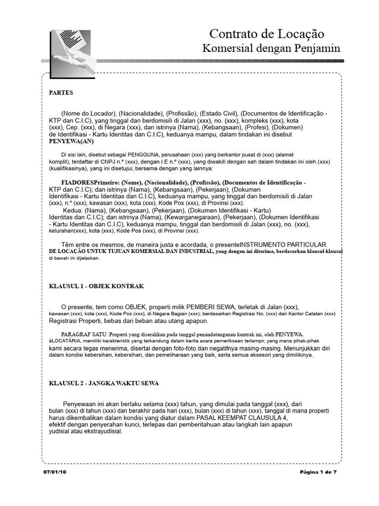 Model Perjanjian Sewa Komersial Dengan Penjamin | PDF