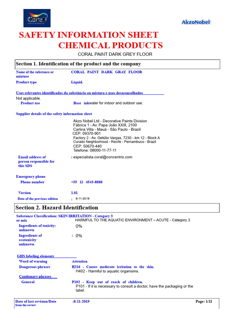 FISPQ-Colra Dark - Gray - Floor - Paint | PDF | Occupational Safety And ...