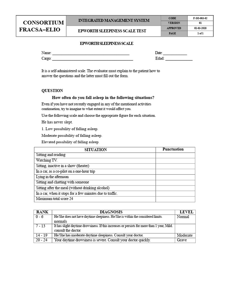 F-SO-003-02 Epworth Sleepiness Scale Test. CONSORTIUM | PDF | Animal ...