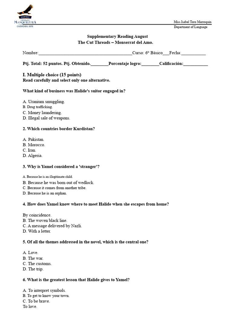6th Grade - Language Arts - The Cut Threads | PDF