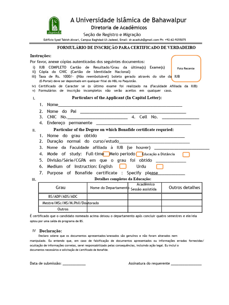 Formulário de Estudante Bonafide IUB Novo | PDF