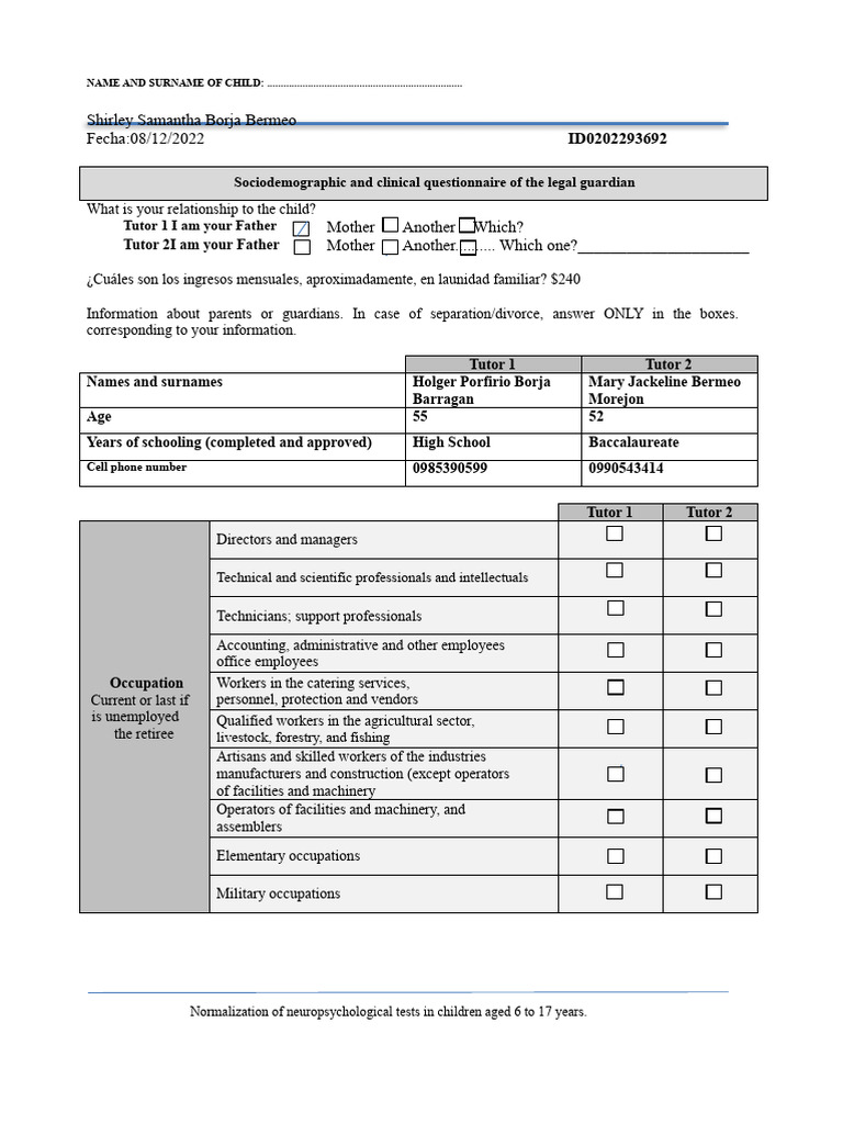 Sociodemographic and Clinical Questionnaire - Children - LA | PDF ...