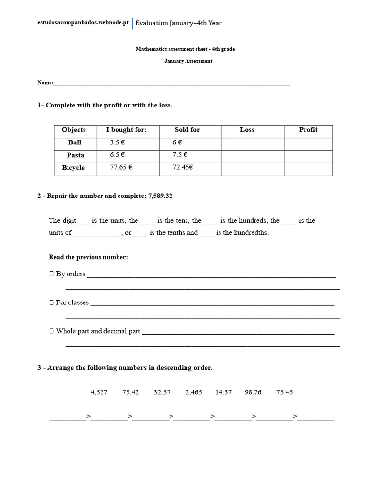 4th Grade Math Assessment January | PDF | Mathematics