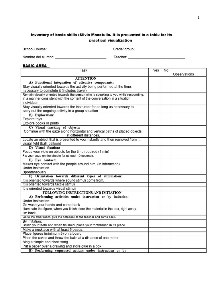 Basic Skills Inventory Assessment | PDF | Attention | Drawing