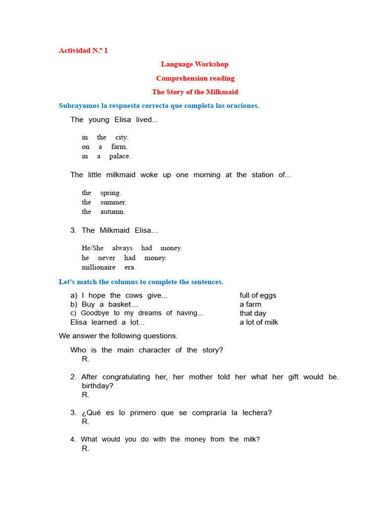 Milkmaid Story Comprehension Activity | PDF