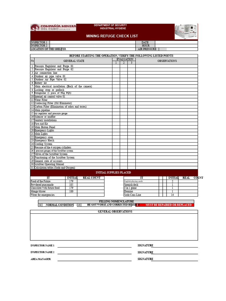 Mining Refuge Shelter Inspection Checklist | PDF | Equipment