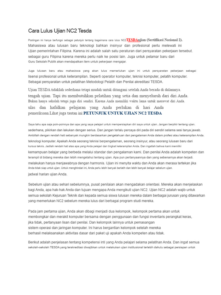 Panduan Lulus Ujian NC2 TESDA | PDF