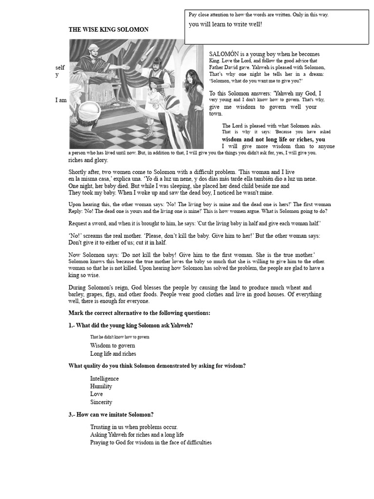 The Wise King Solomon - Reading Summary | PDF | Solomons | Wisdom