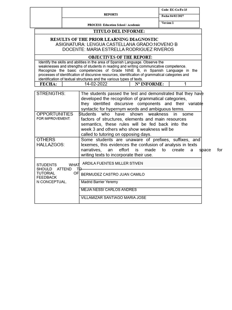 Diagnostic Result Ninth Grade Spanish Language | PDF | Word | Cognition