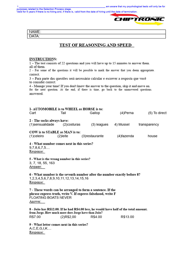 Reasoning and Speed Test | PDF