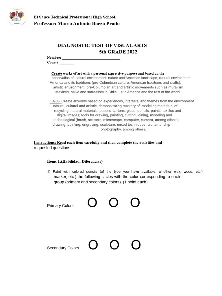 VISUAL ARTS DIAGNOSTIC 5th 2022 | PDF | Drawing | Paintings