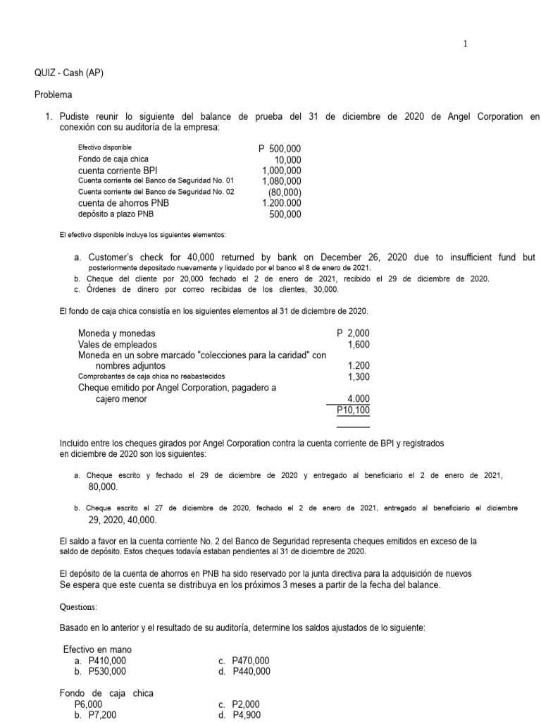 QUIZ Cash AP | PDF | Bancos | Cheque