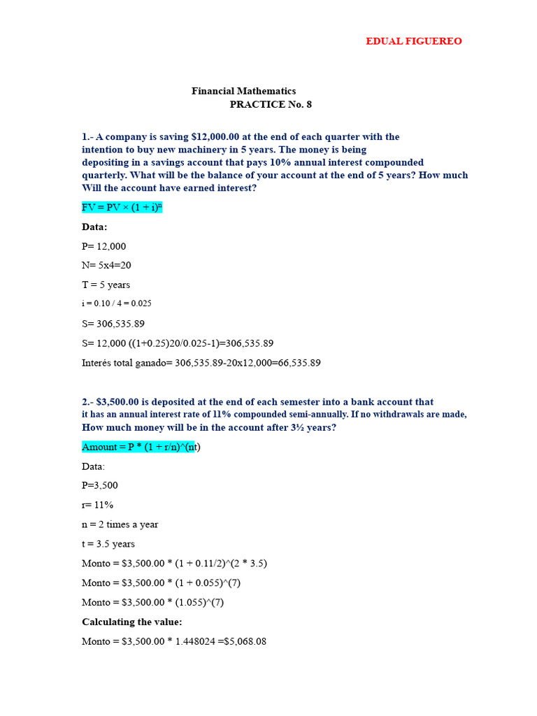 Financial Mathematics, Practice 8 and 9 | PDF | Interest | Personal Finance