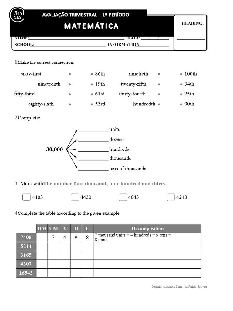 Mathematics Worksheet - 3rd Grade - 1st Period | PDF | Mathematics