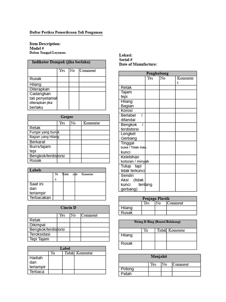 Daftar Periksa Tali Pengaman Lengkap | PDF