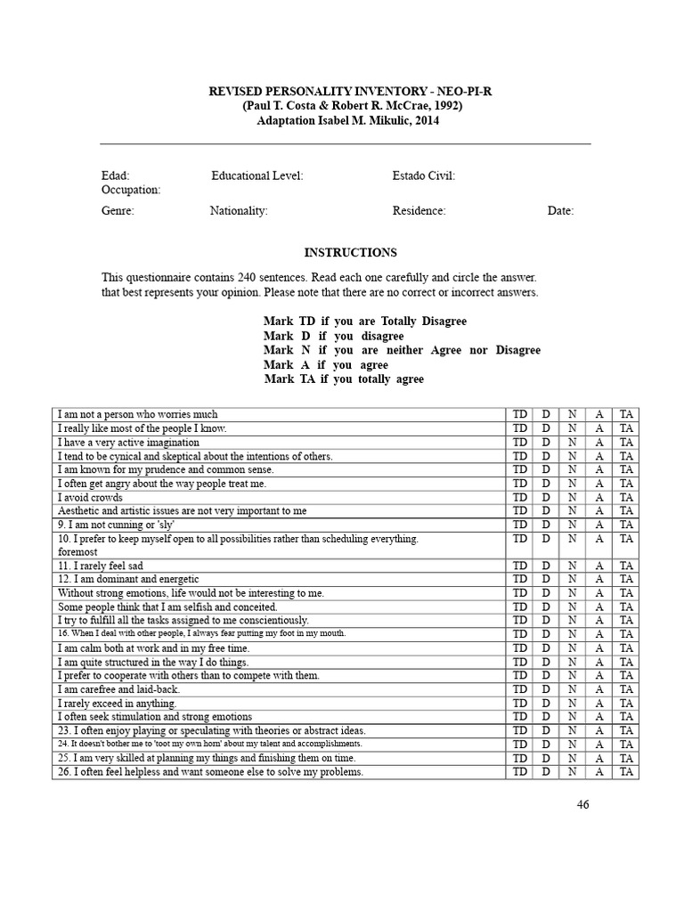 NEO-PI-R Personality Inventory Guide | PDF | Psychology | Psychological ...