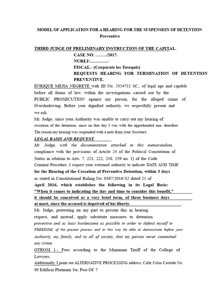 Application For A Hearing To Terminate Preventive Detention | PDF