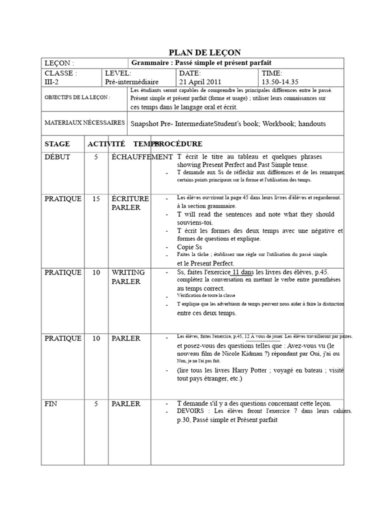Plan de Leçon 8 | PDF | Aspect accompli/inaccompli | Mécanique du langage