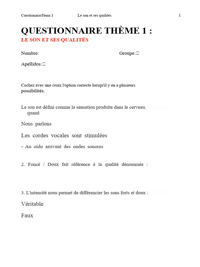 Questionnaire Le Son Et Ses Qualités | PDF | Hauteur (musique) | Son