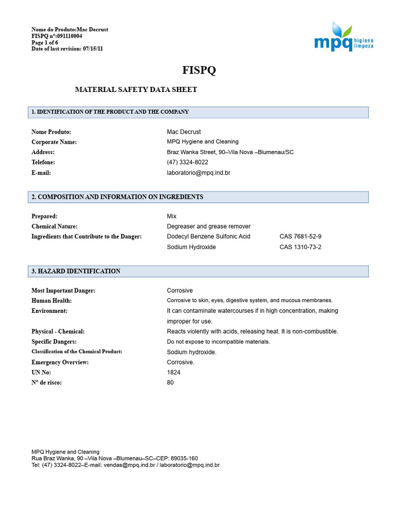 SDS Safety Data Sheet For Chemical Products | PDF | Corrosion ...