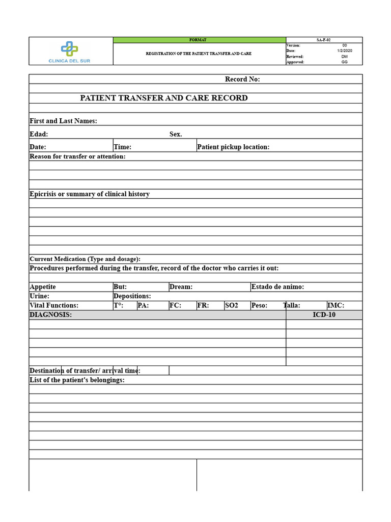 Patient Transfer and Care Record | PDF | Social Programs | Health Sciences