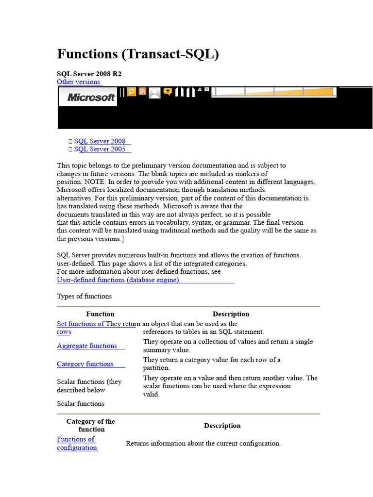 SQL Server 2008 R2 Functions Guide | PDF | Parameter (Computer Programming) | Sql