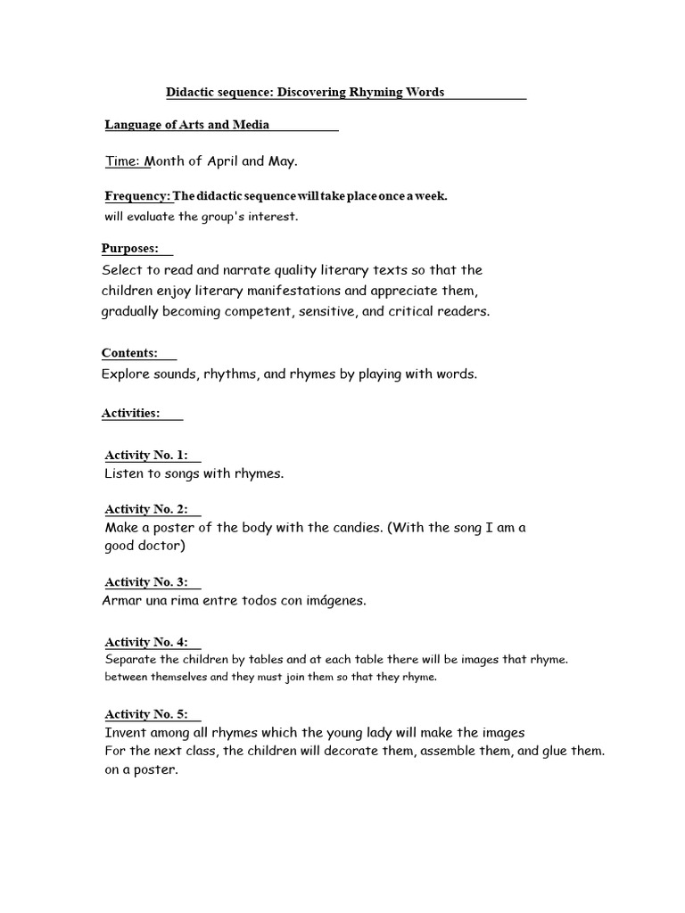 Didactic Sequence Discovering Words That Rhyme | PDF