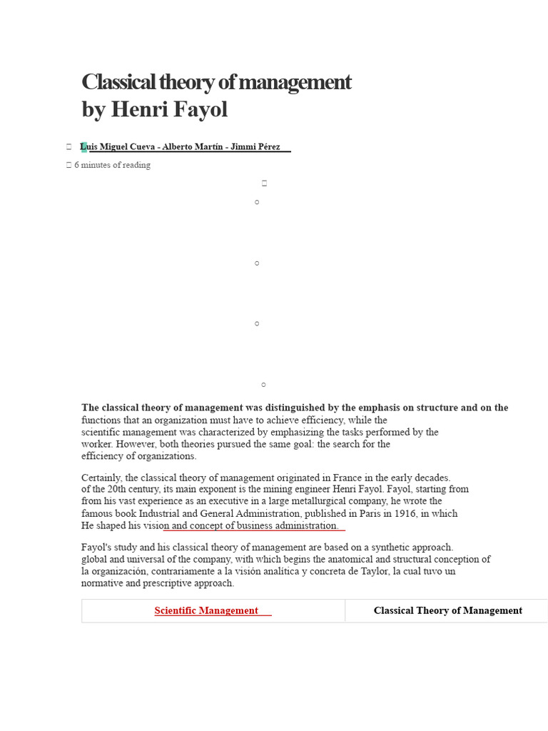 Classical Theory of Management by Henri Fayol | PDF | System | Systems ...