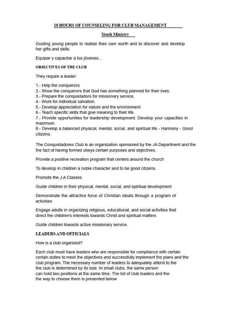 10 Hours of Counseling For Club Management | PDF
