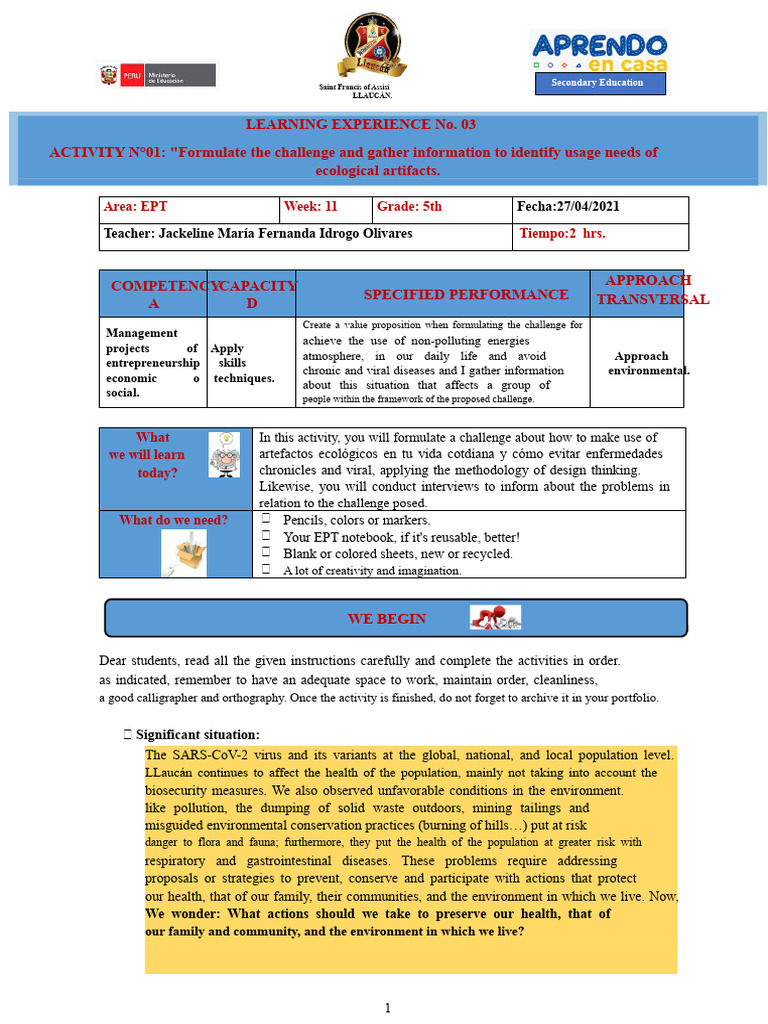 ACTIVITY N°01 E3 - 5TH GRADE - EPT - Fernanda Idrogo | PDF | Creativity ...