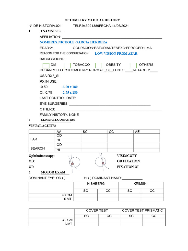OPTOMETRY CLINICAL HISTORY Form Completion | PDF | Light | Senses