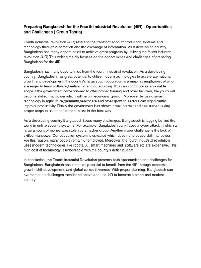 Preparing Bangladesh For Fourth Industrial Revolution (4IR) ..Group Tasria | PDF