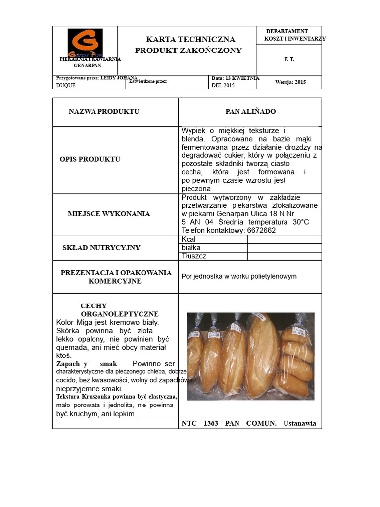 KARTA TECHNICZNA CHLEBA PRZYPRAWIONEGO | PDF