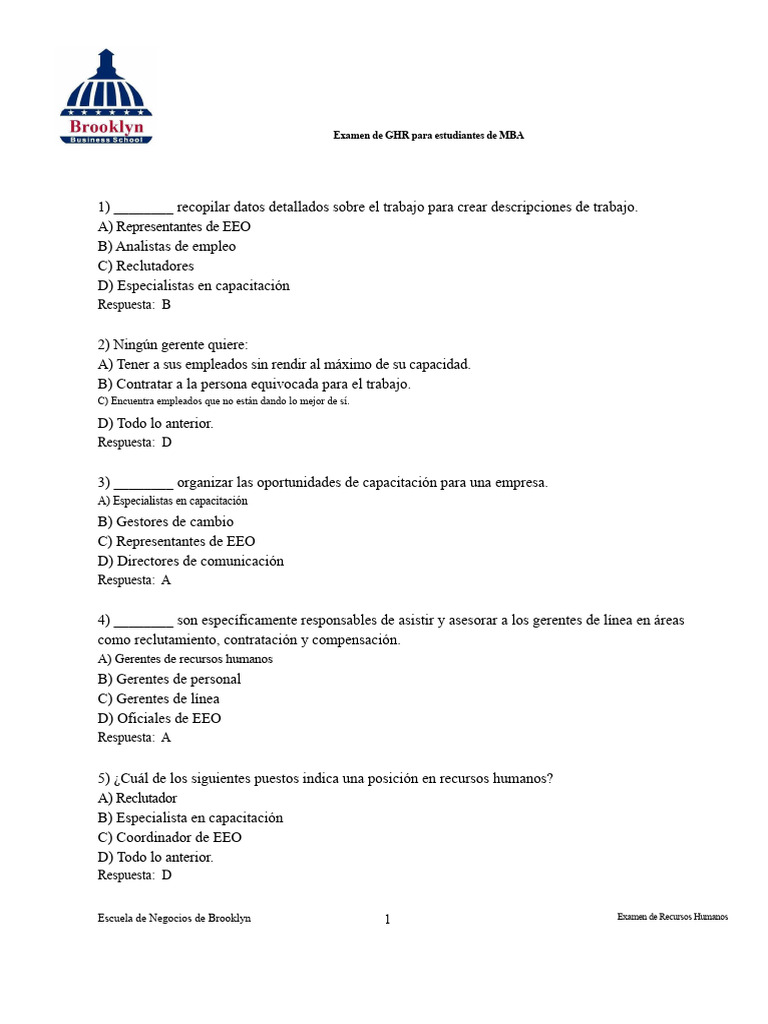Examen de Recursos Humanos para MBA | PDF | Gestión de recursos humanos ...