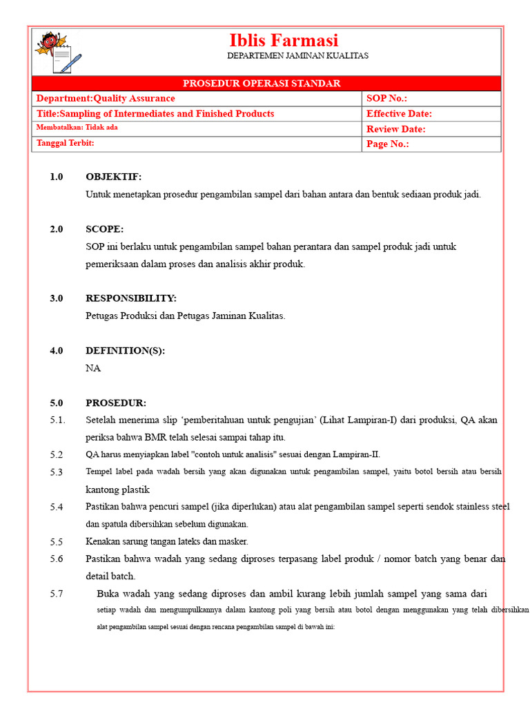 SOP Untuk Pengambilan Produk Jadi Intermediat | PDF