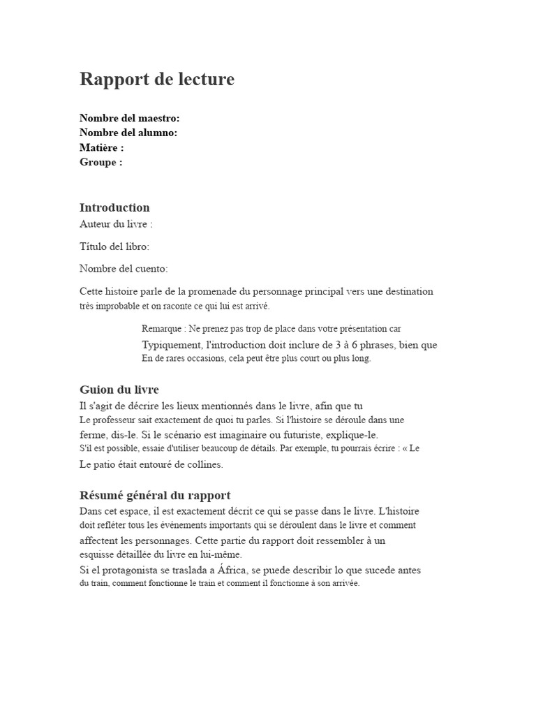 Rapport de lecture sur un livre narratif | PDF